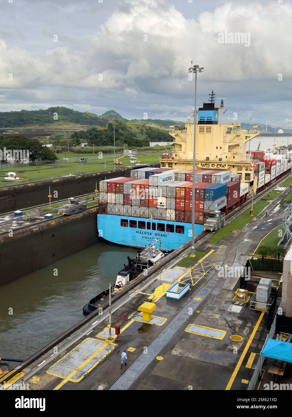 Panama Canal and the Miraflores Locks. View of ship traveling from the ...