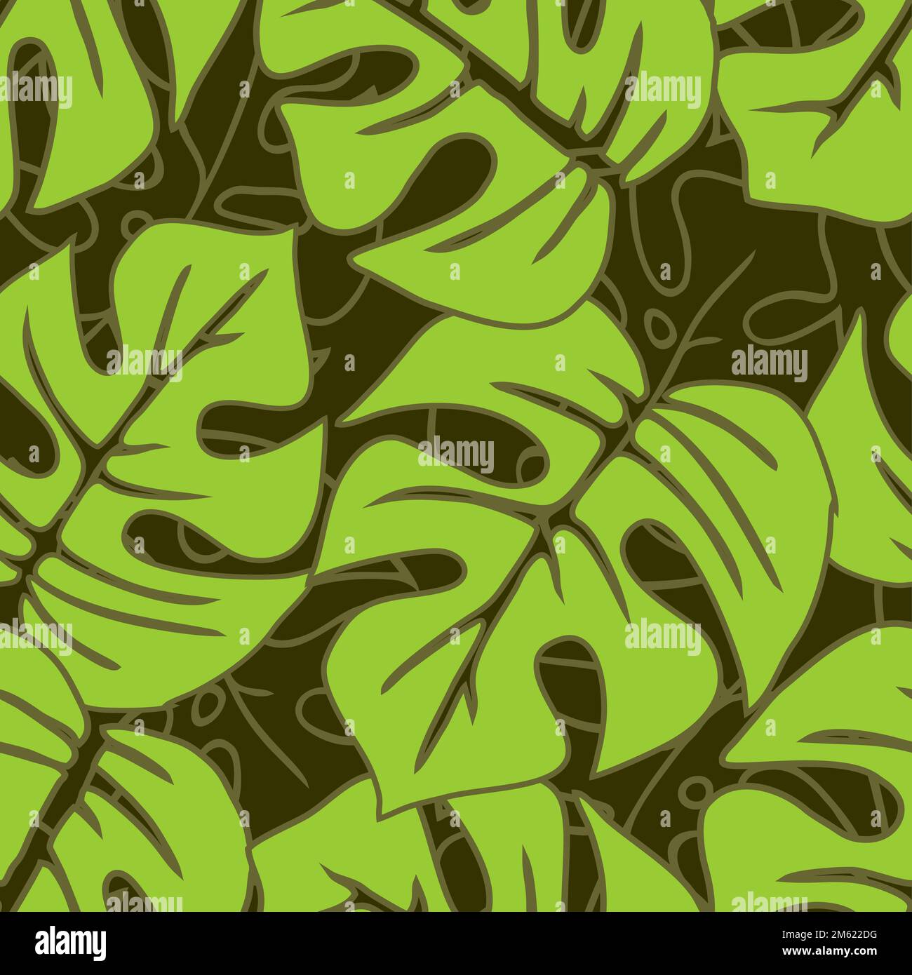 seamless asymmetric pattern of green tropical leaves on a dark green ...