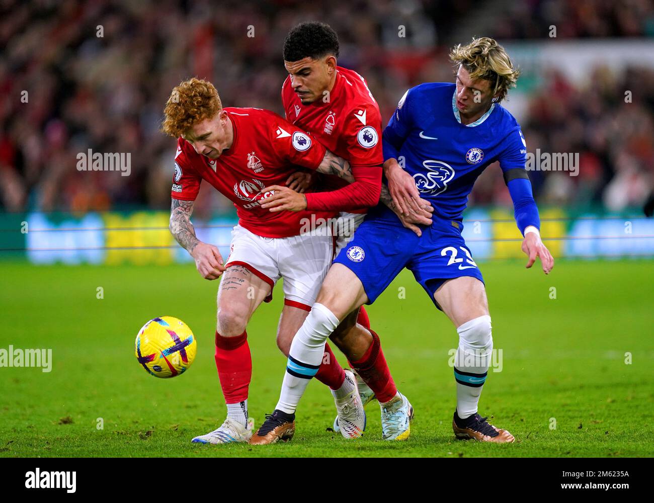 Chelsea's Conor Gallagher battles for the ball with Nottingham Forest's ...