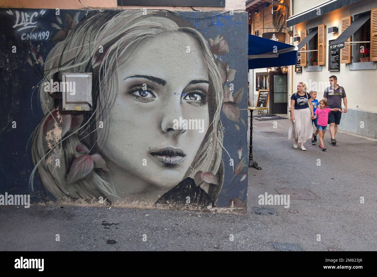 Detail of a mural by the street artist Laetitia Cefali depicting the ...