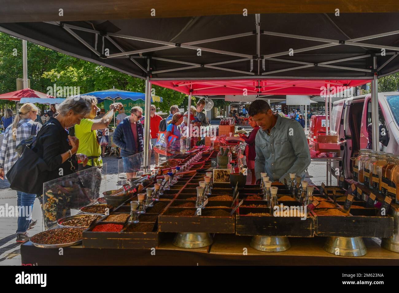 Spice stand at the weekly market of Chamonix in summer, Haute Savoie ...