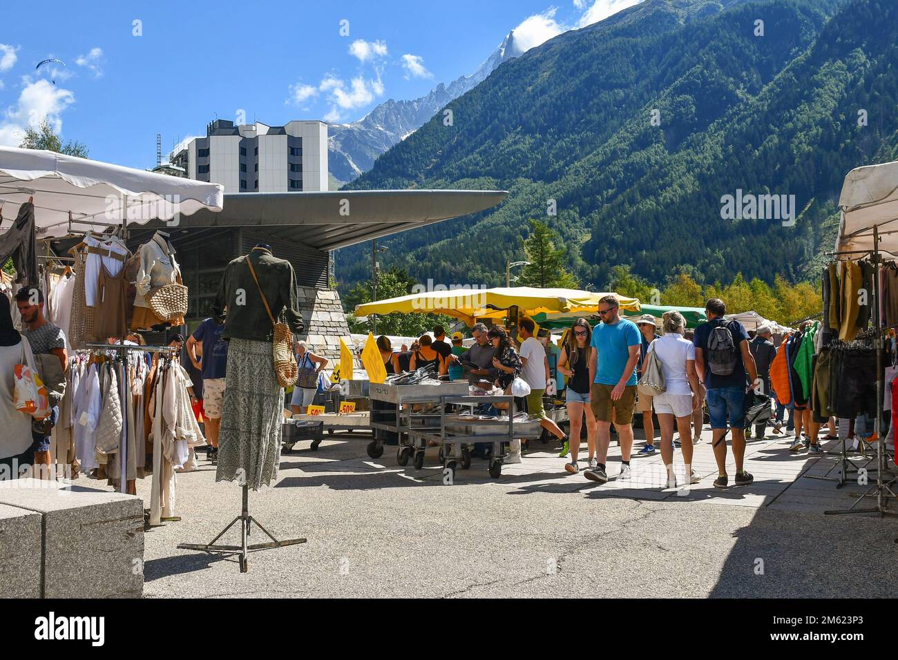 View of the weekly street market of Chamonix crowded with locals and ...