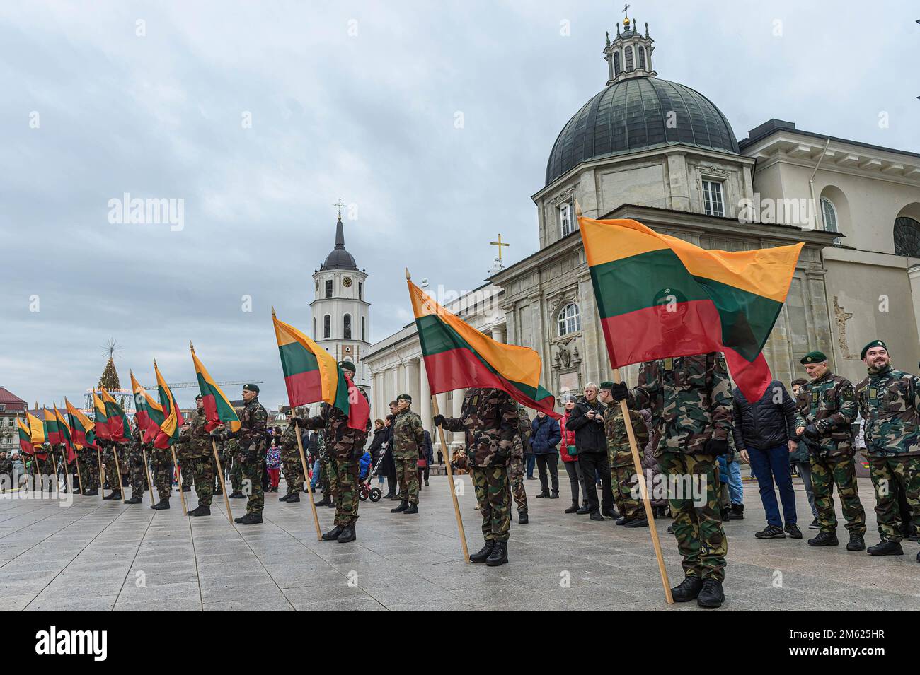Lithuanian servicemen stand in the guard of honor while holding ...