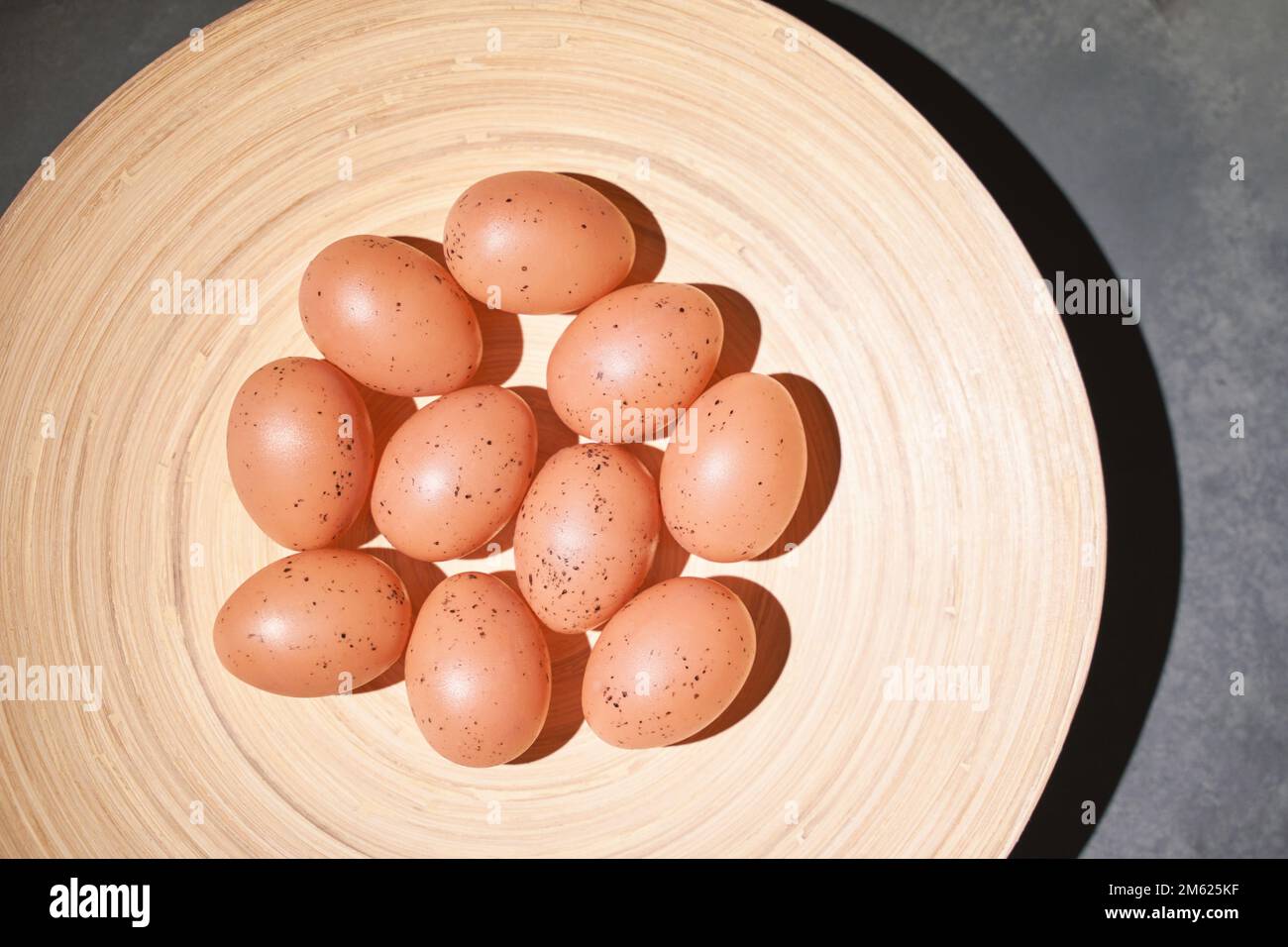 Eggs set. Many food protein. Brown on background. Hard shadow. Easter ...