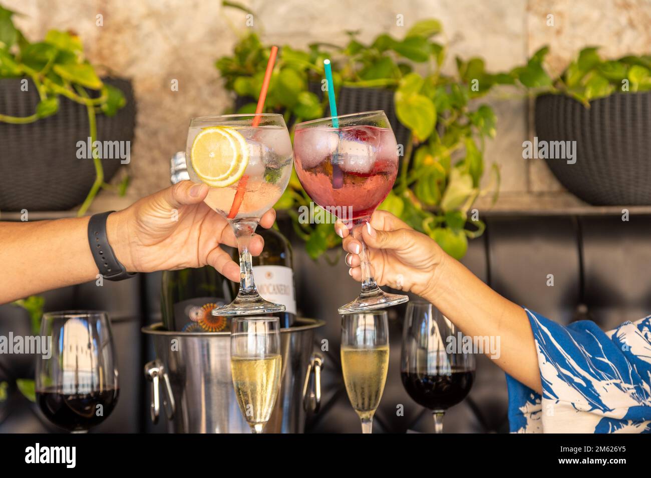 The Caucasian hands cheering with cocktail glasses Stock Photo - Alamy