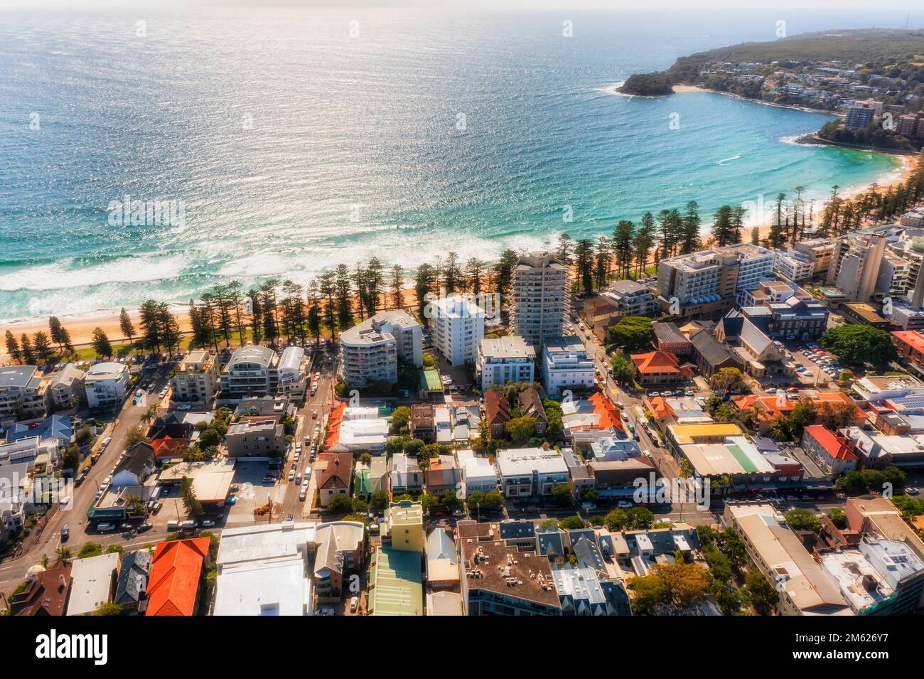 Famous Manly beach on Sydney Northern beaches in aerial no sky view ...