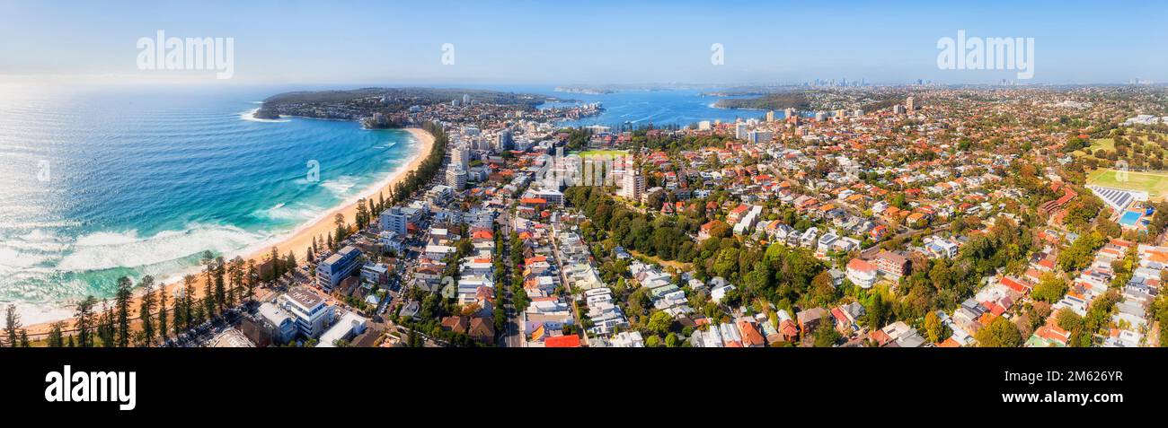 Scenic famous Manly beach on Sydney Northern beaches in wide aerial ...