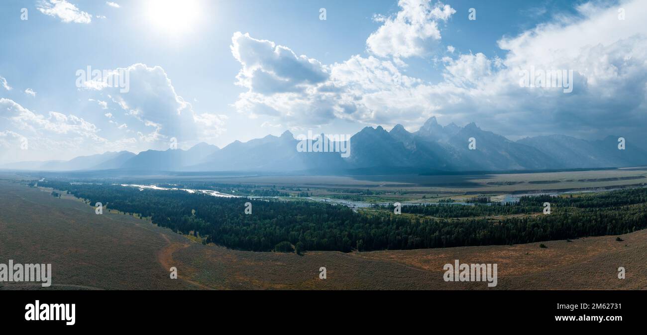View of Mount Moran in Grand Teton National Park from above Stock Photo ...
