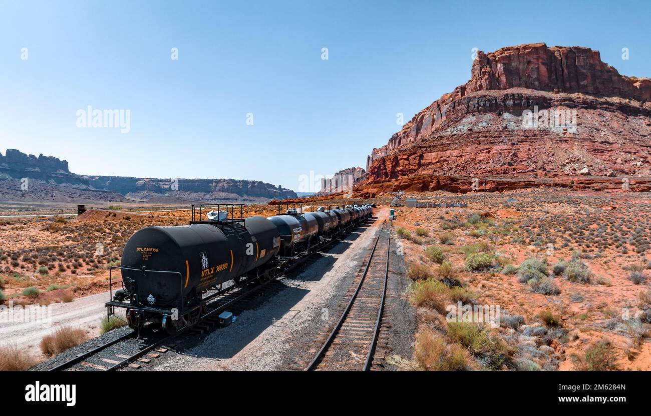 Aerial view of the cargo locomotive railroad engine crossing Arizona ...