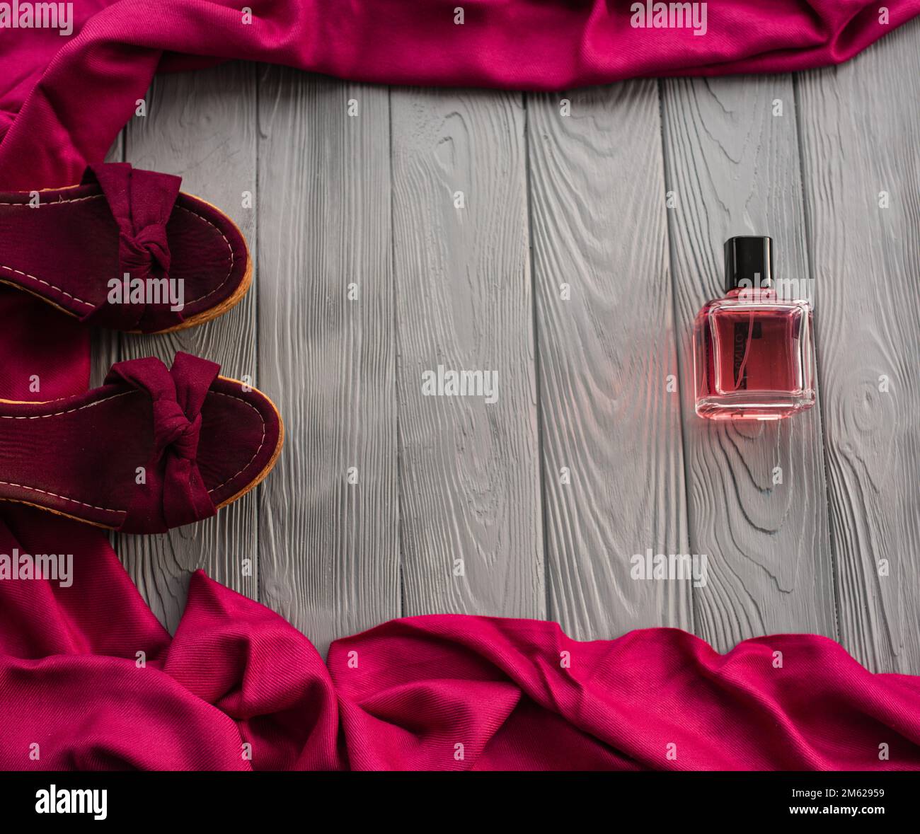 burgundy sandals wedge shawl shoes and bottle pink perfume. Summer ...