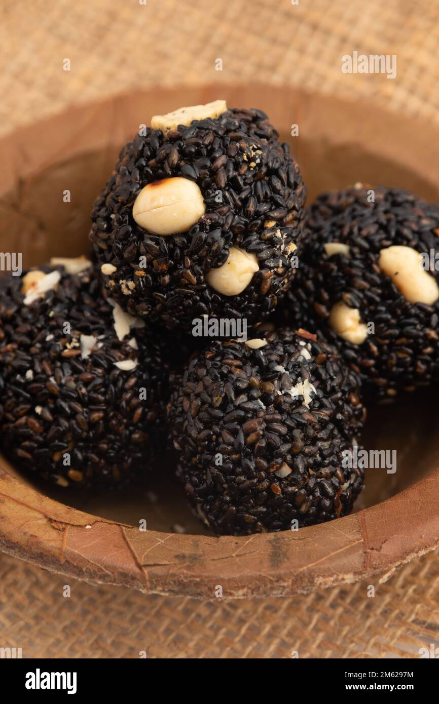 Indian Winter Delicacy Black Ball Shaped Kaala Tilgul Laddu Or Kale Til ...