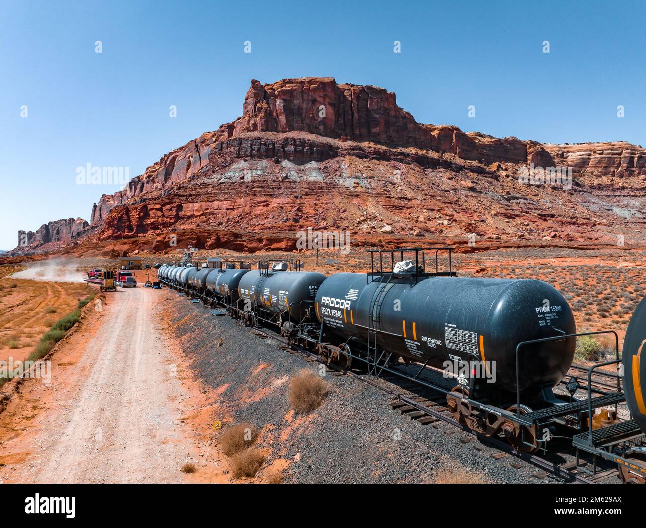 Aerial view of the cargo locomotive railroad engine crossing Arizona ...