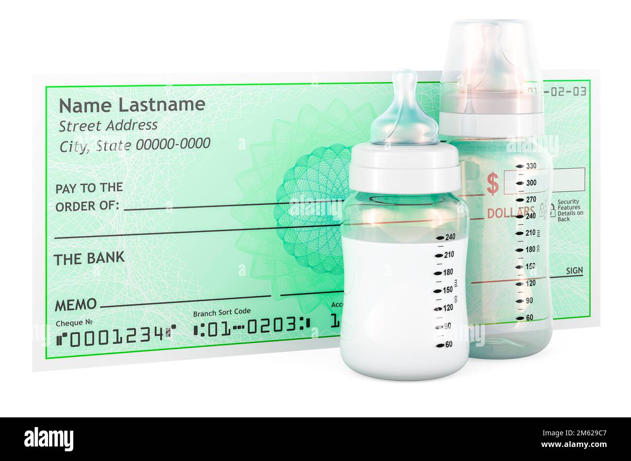 Baby bottles with blank bank check, 3D rendering isolated on white ...