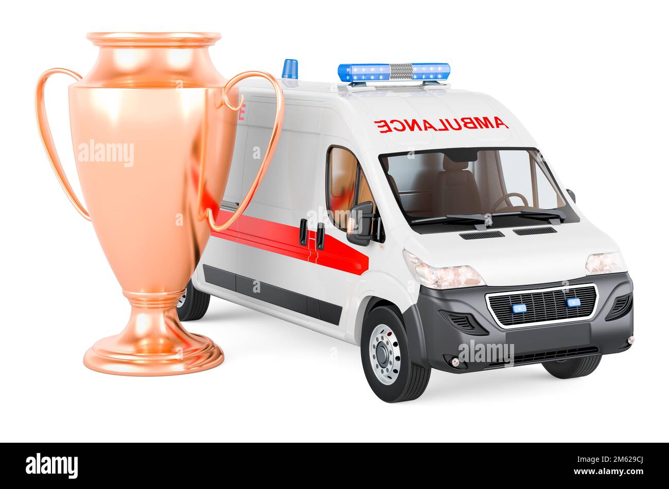 Ambulance van with gold trophy cup award. 3D rendering isolated on ...