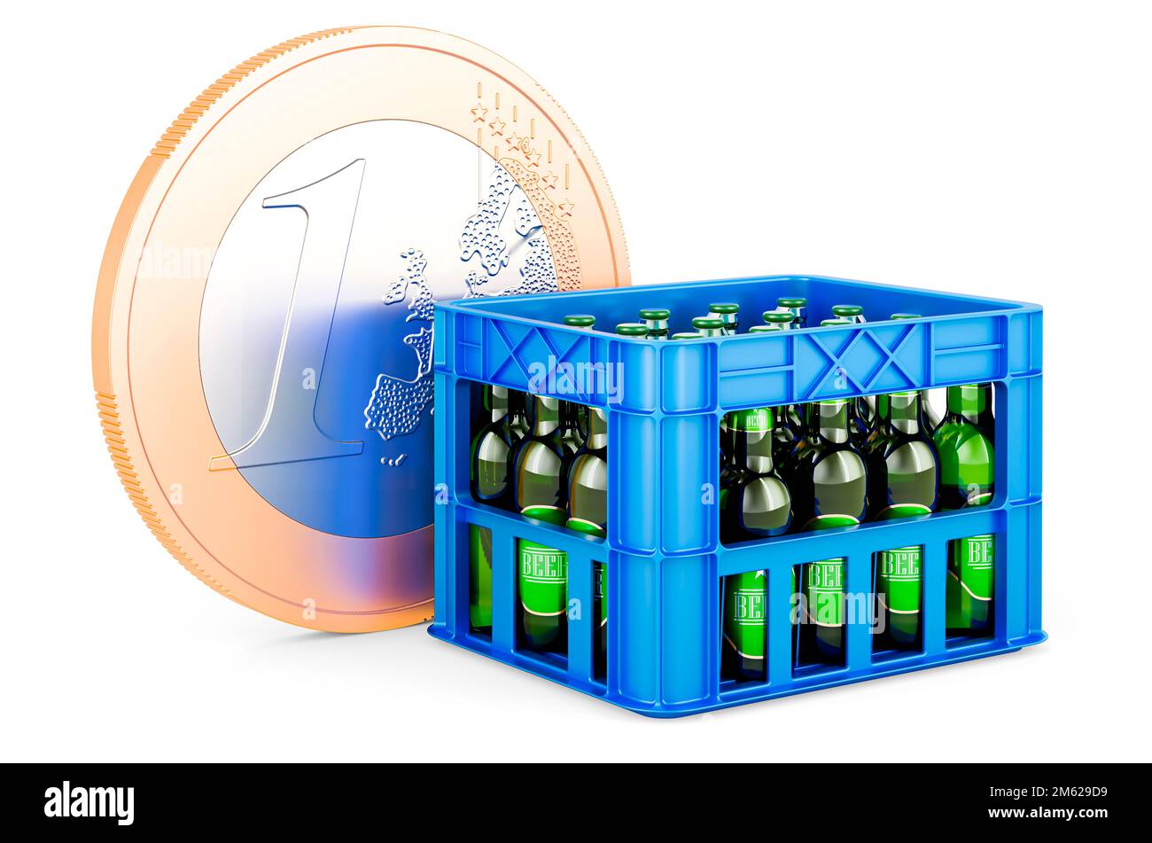 Beer bottles in crate with euro coin. 3D rendering isolated on white ...