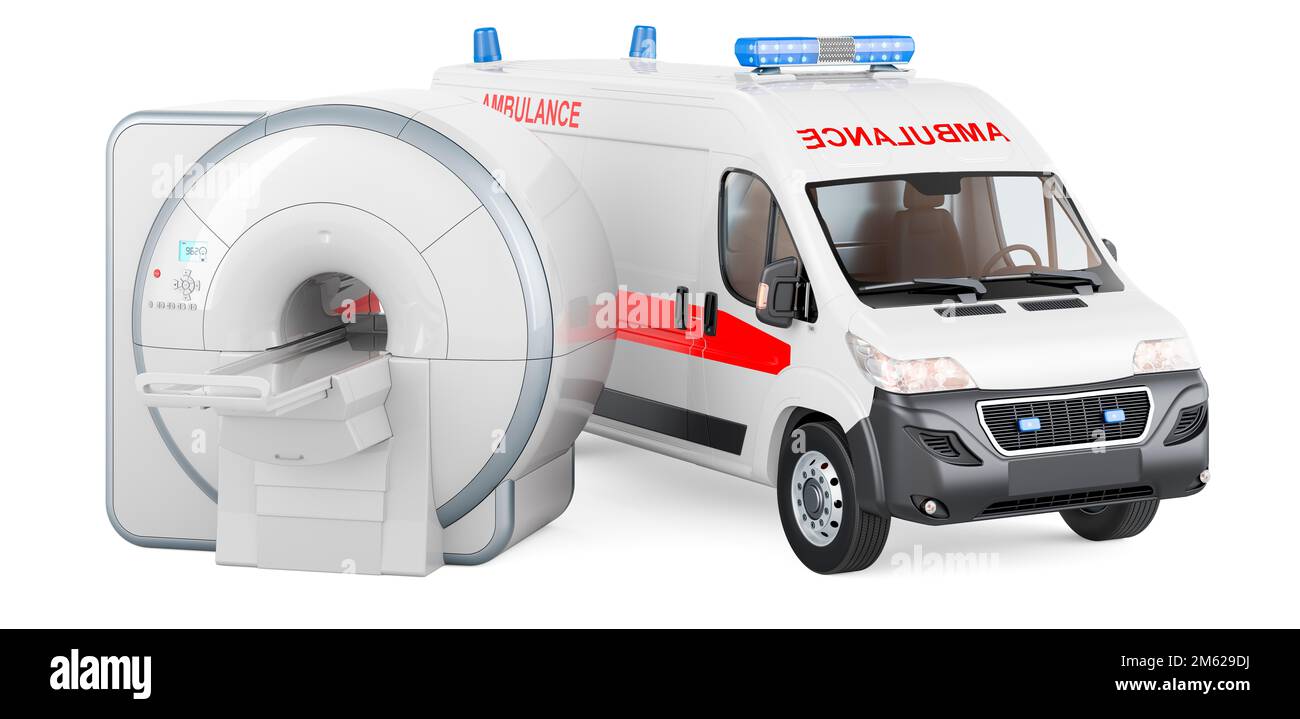 Magnetic Resonance Imaging Scanner MRI with ambulance van. 3D rendering ...
