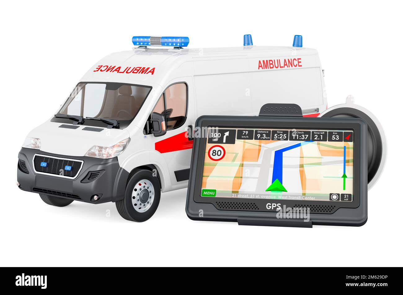 GPS navigation device with ambulance van, 3D rendering isolated on ...