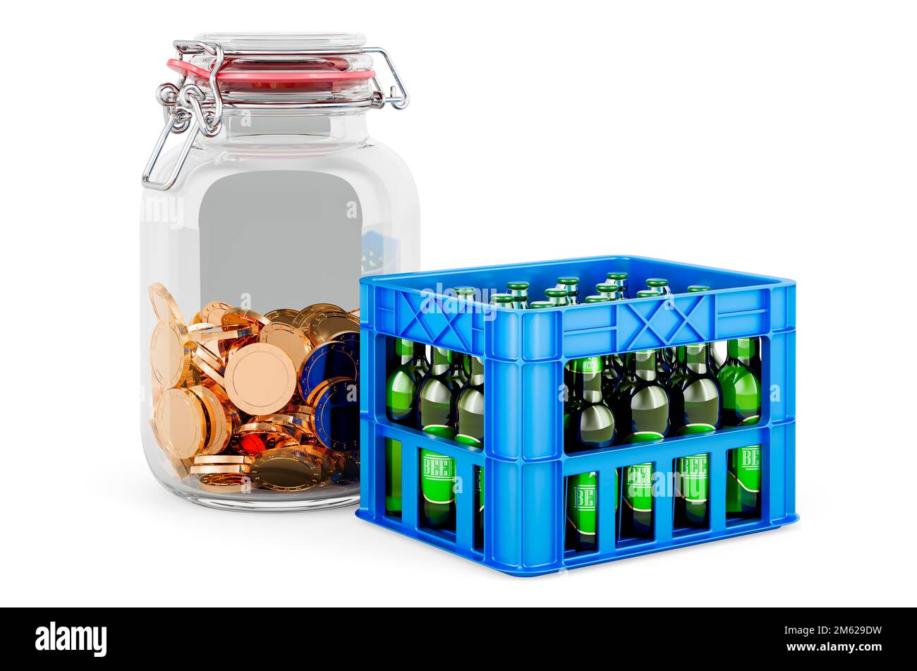 Beer bottles in crate with glass jar full of golden coins. 3D rendering ...