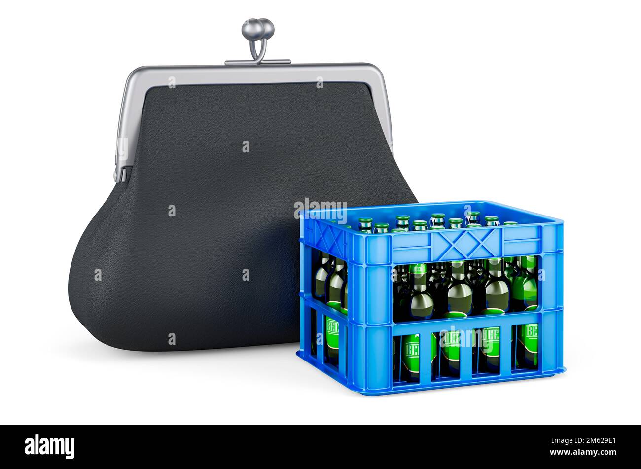 Beer bottles in crate with purse coin. 3D rendering isolated on white ...