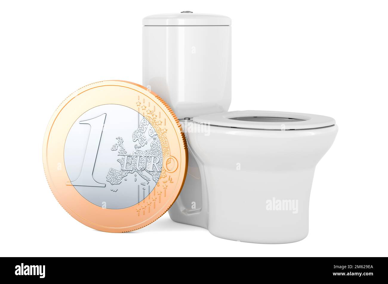 Toilet bowl with euro coin. 3D rendering isolated on white background ...