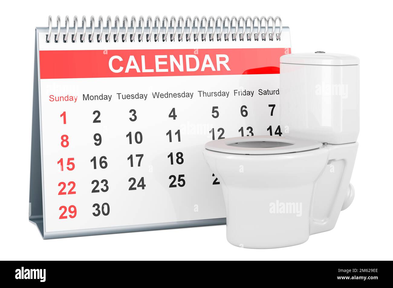 Toilet bowl with desk calendar. 3D rendering isolated on white ...