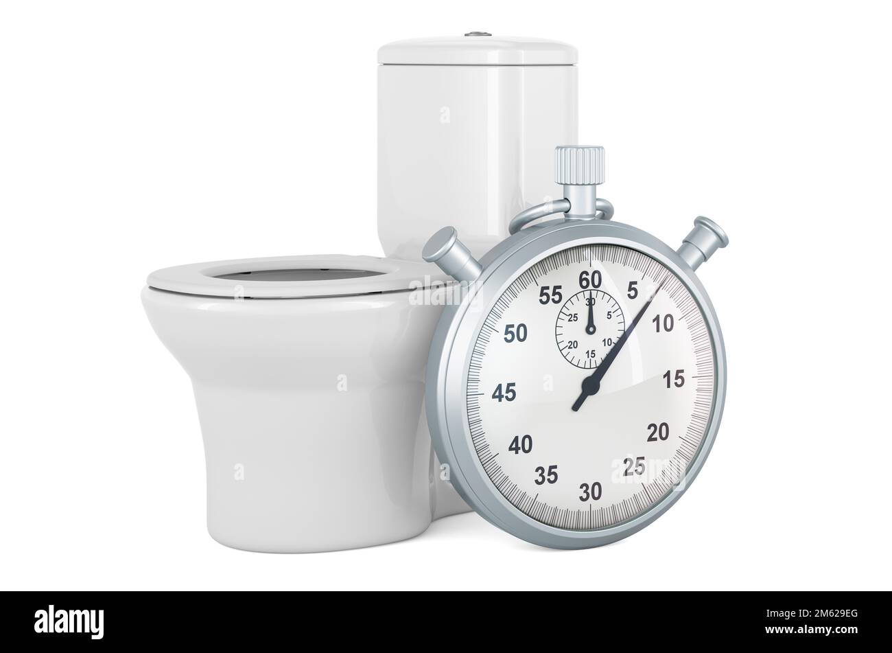Toilet bowl with stopwatch. 3D rendering isolated on white background ...