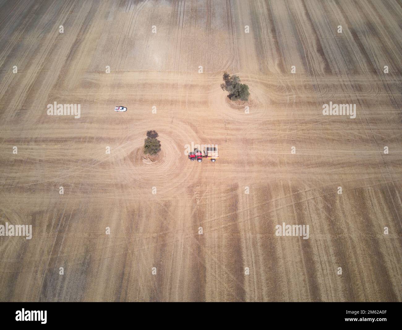 Harvesting wheat field aerial view showing farm machinery and farm ...