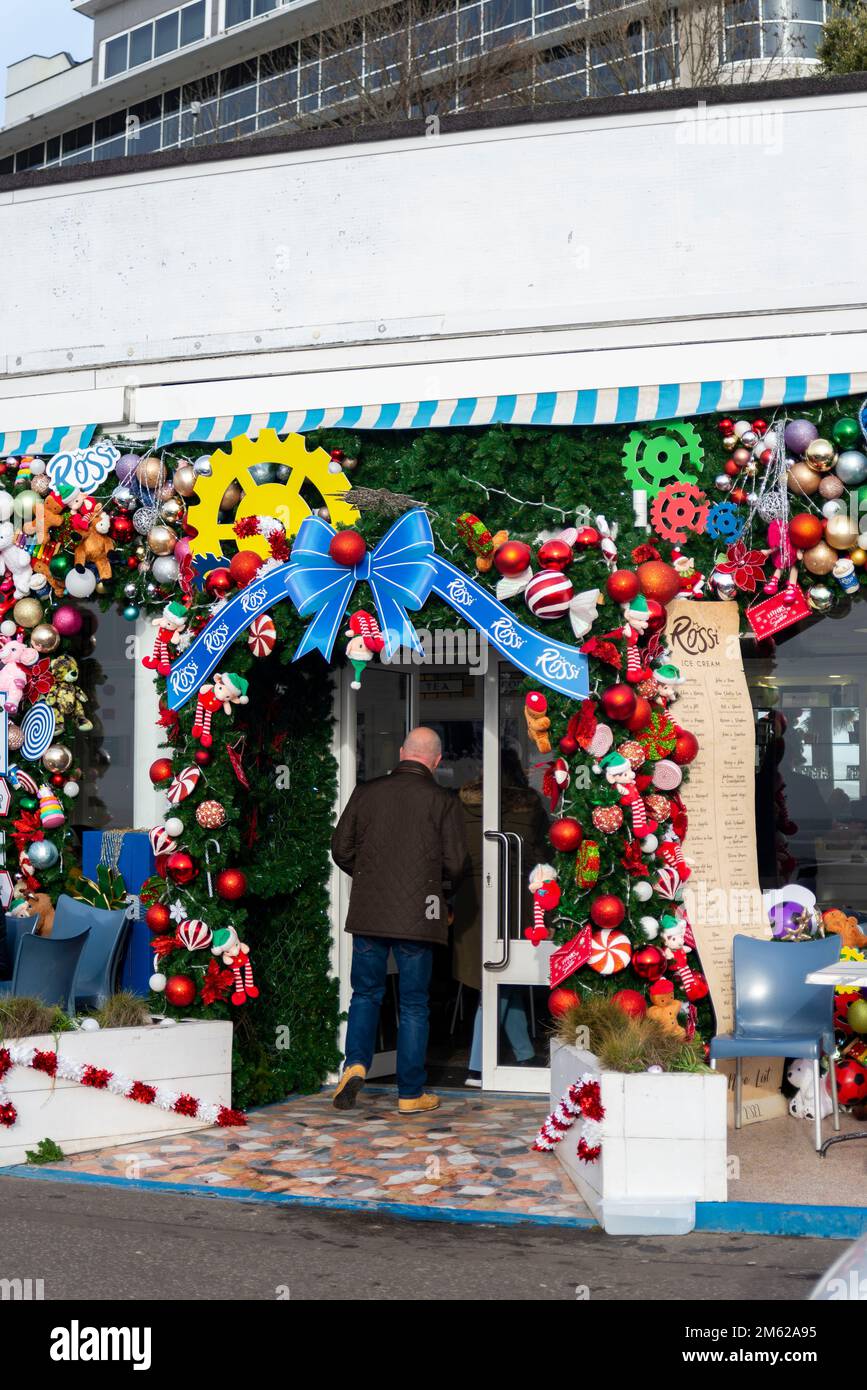 Christmas display around a Rossi's ice cream parlour on Southend on Sea ...