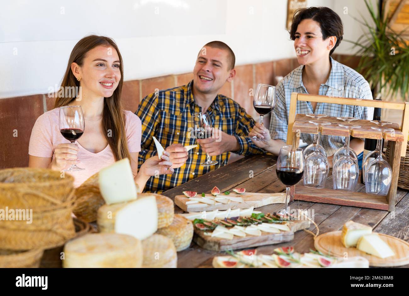 Cheerful people tasting artisanal goat cheese at Spanish farm Stock ...