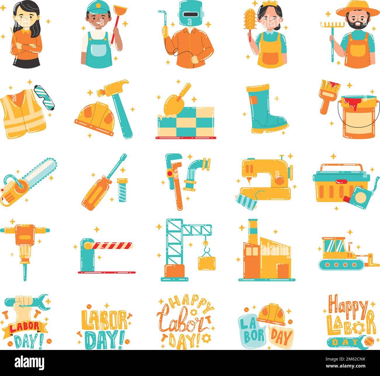 A Labor Day illustration with a set of colorful tools isolated on a ...