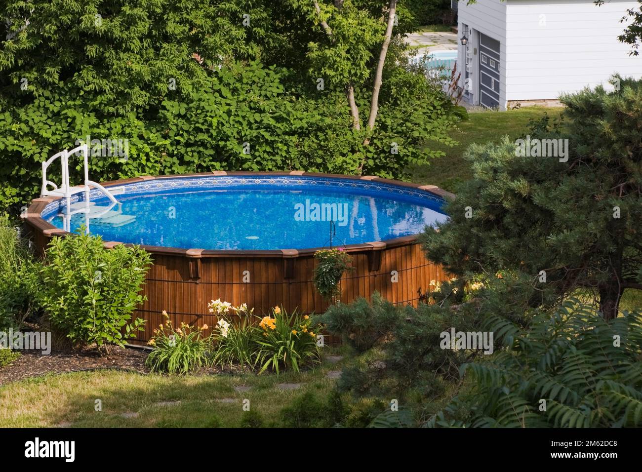 Above ground cedar wood swimming pool in residential backyard in summer ...