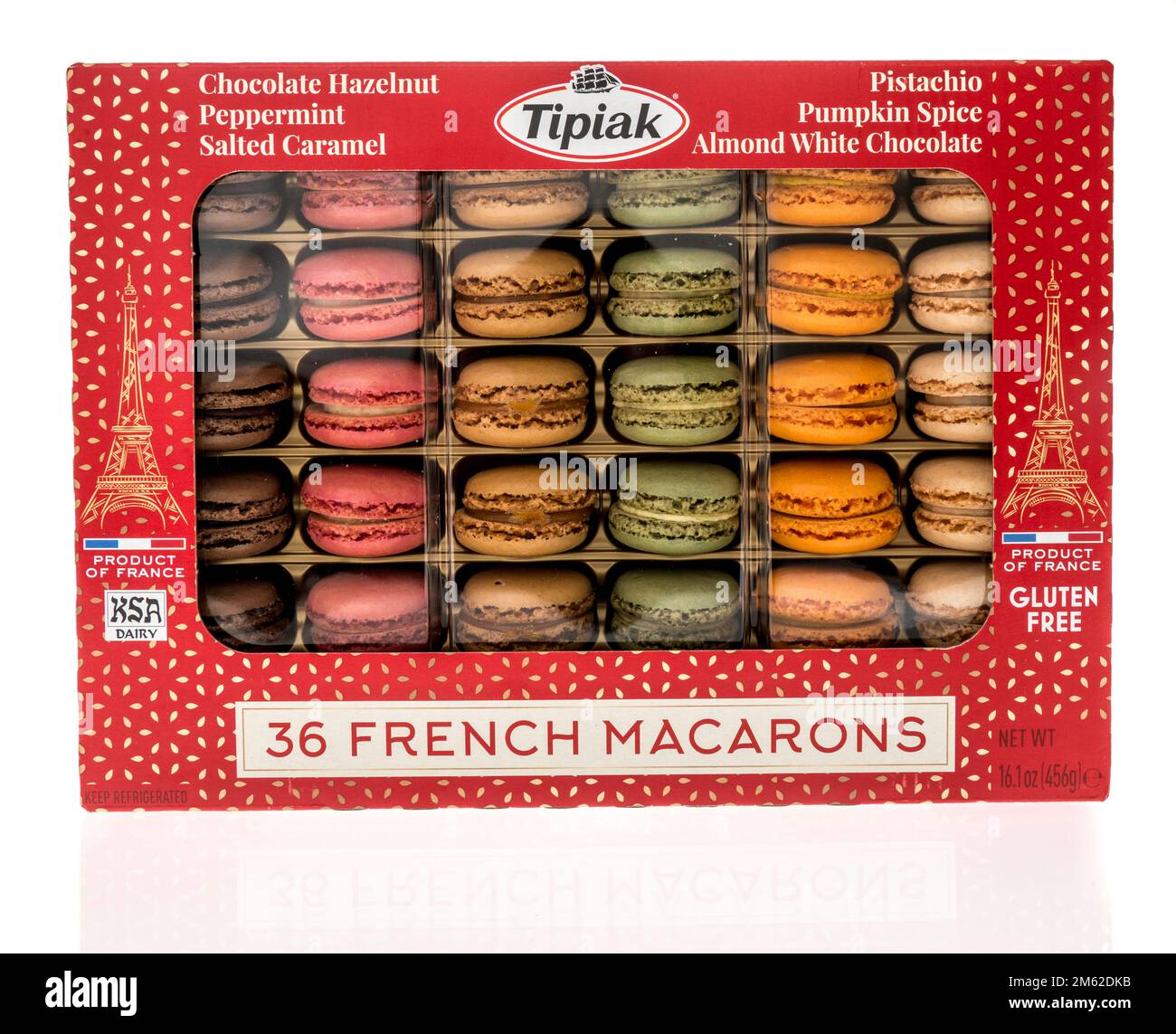 Winneconne, WI - 28 November 2022: A package of Tipiak French macarons on an isolated background ...