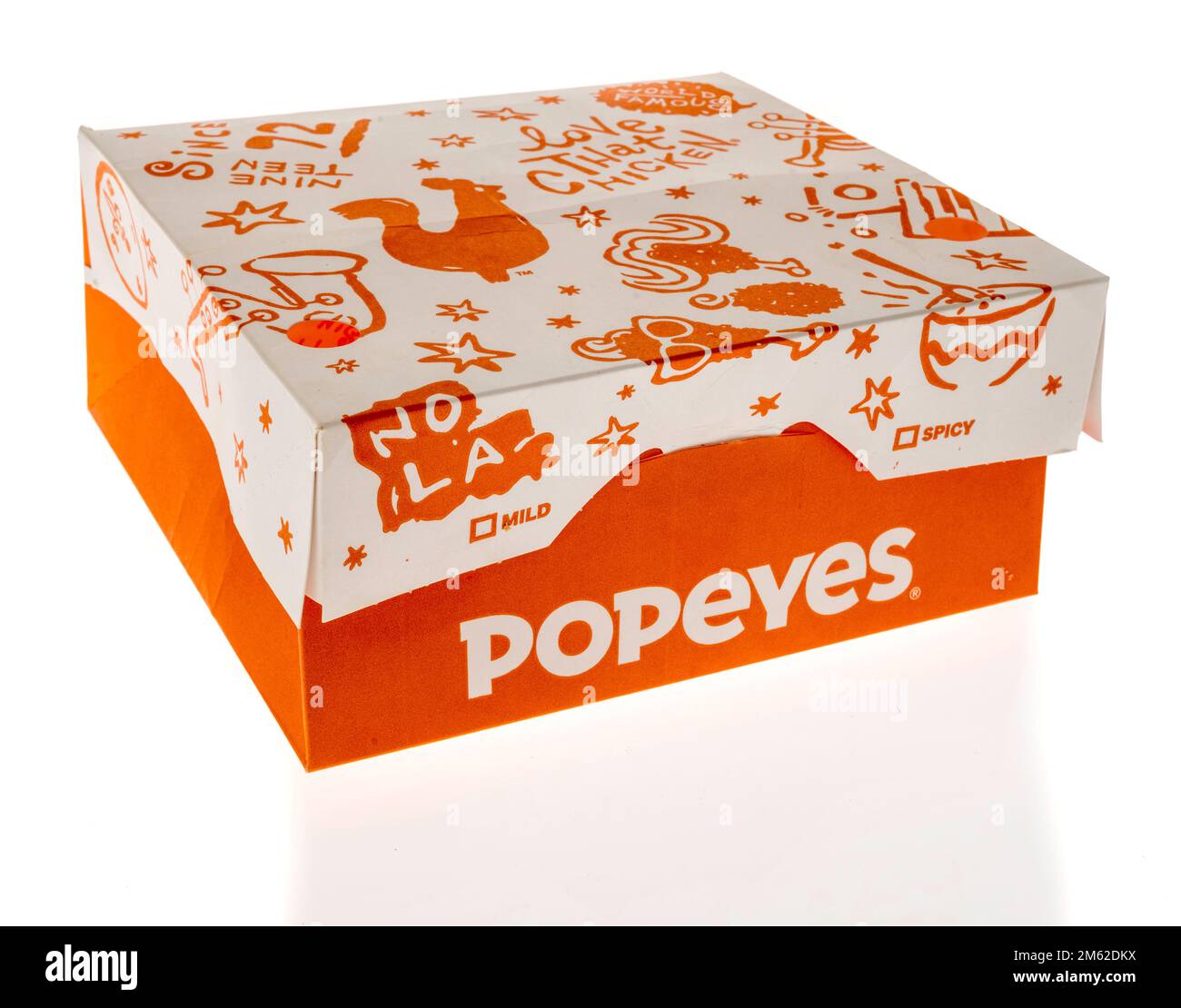 Winneconne, WI - 28 November 2022: A package of popeyes take out food box on an isolated ...