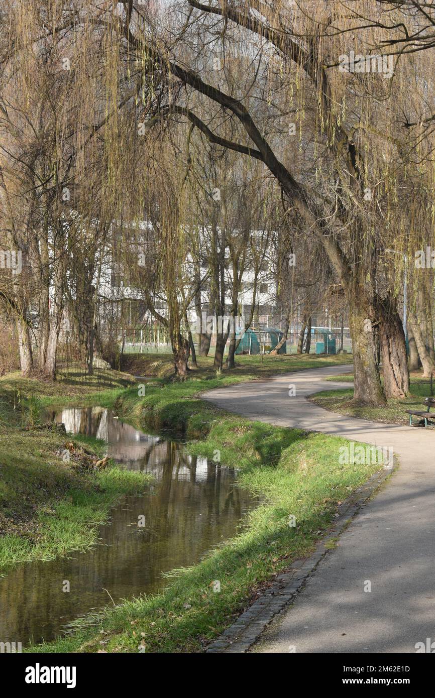 Small stream, trees and path in a public park Stock Photo - Alamy