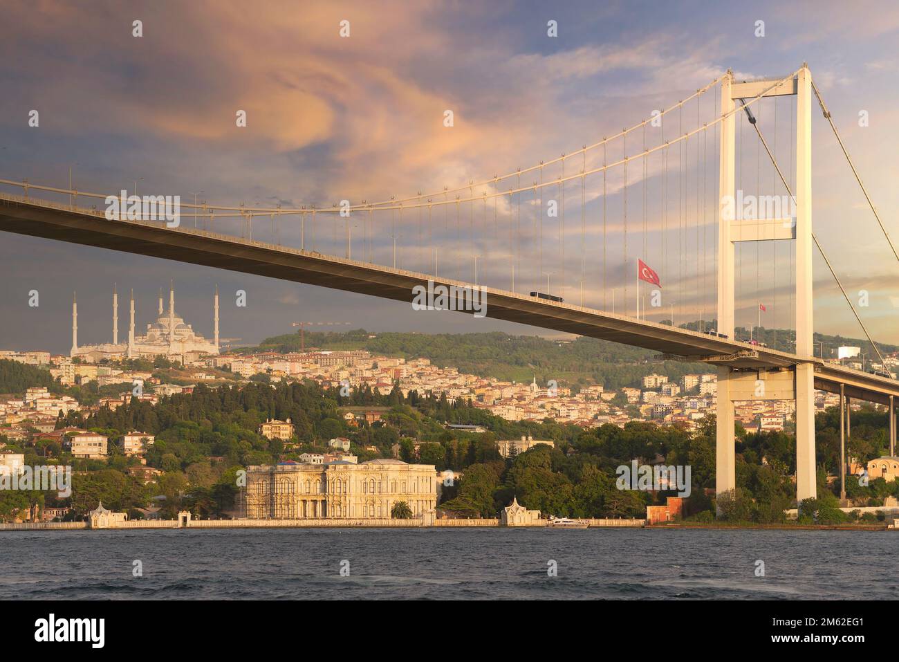 Sunset of Bosphorus strait, with Bosphorus Bridge, or Bogazici Koprusu ...