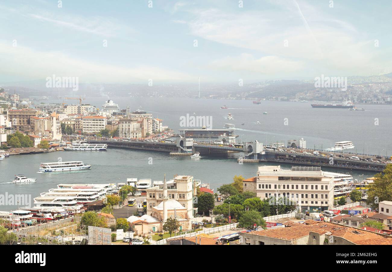 Aerial view of Golden Horn, with Galata Bridge and Karakoy Ferry ...