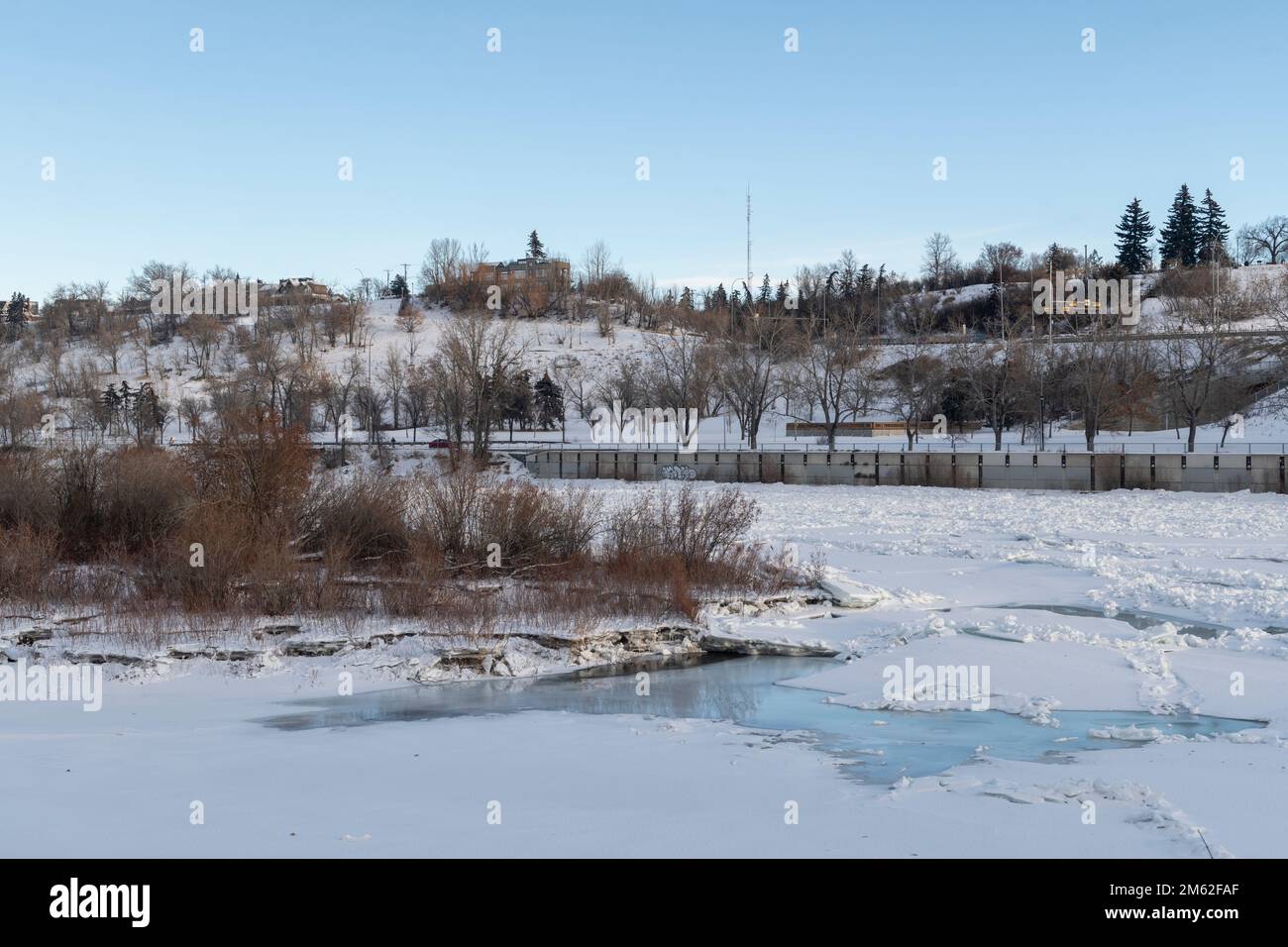 Frozen Bow River, temperature -38C, Calgary, riverside walk, Alberta ...