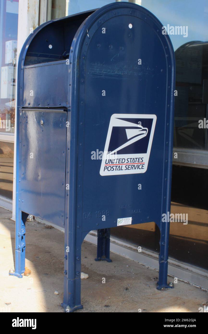 A blue drop box at the Valley Hi Post Office in San Antonio, Texas, USA ...