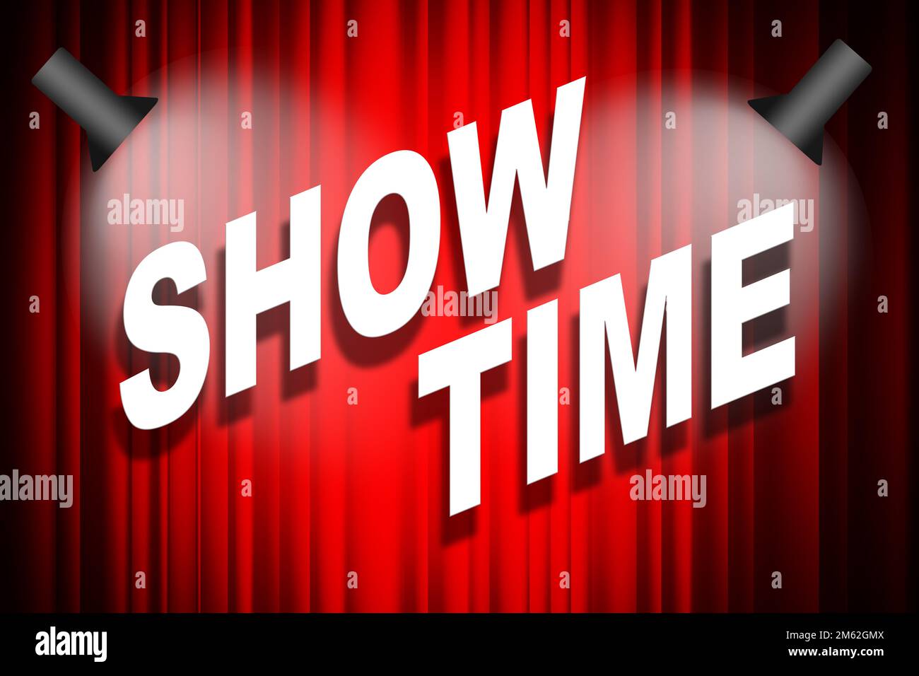 Showtime banner with curtain illuminated by spotlights, 3d rendering ...