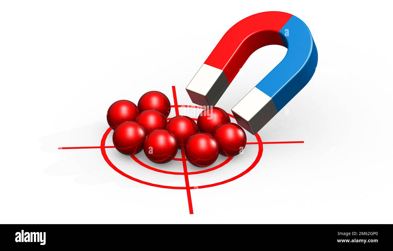 Magnet attracts red metal balls isolated, 3d rendering Stock Photo - Alamy