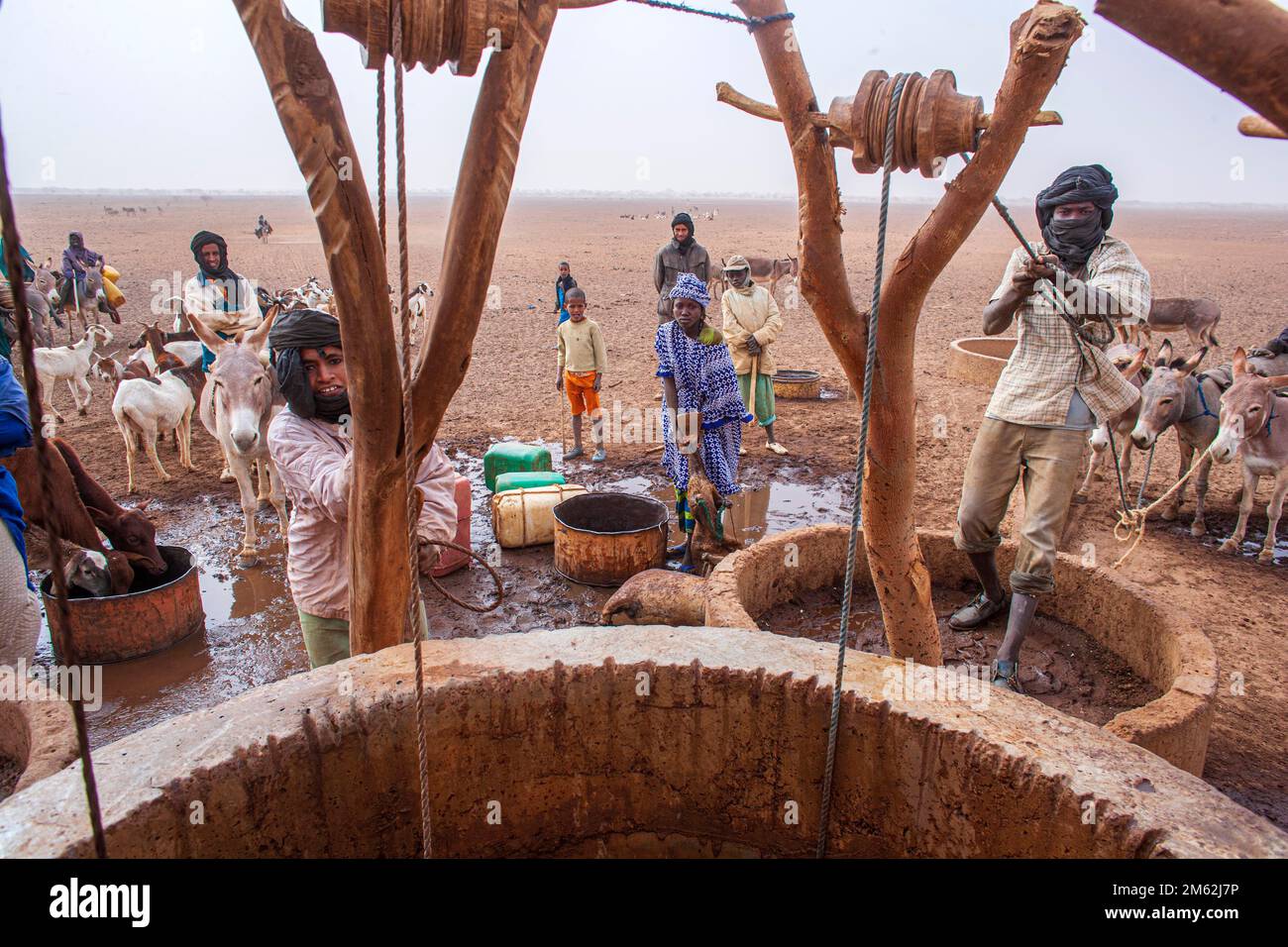 Mali/Timbuktu/ People pulling water from a desert well in the Sahara desert in Mali, Africa ...