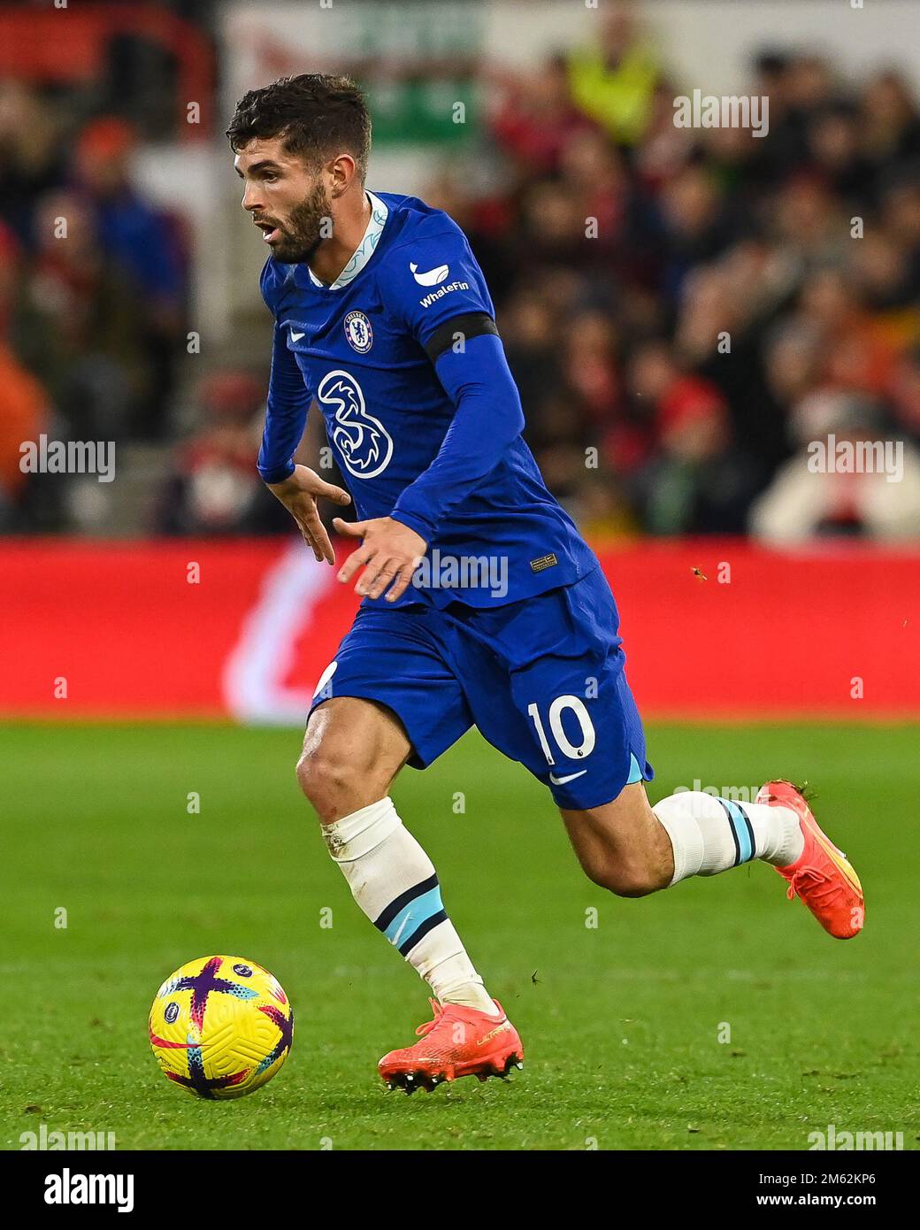 Christian Pulisic #10 of Chelsea makes a break with the ball during the ...