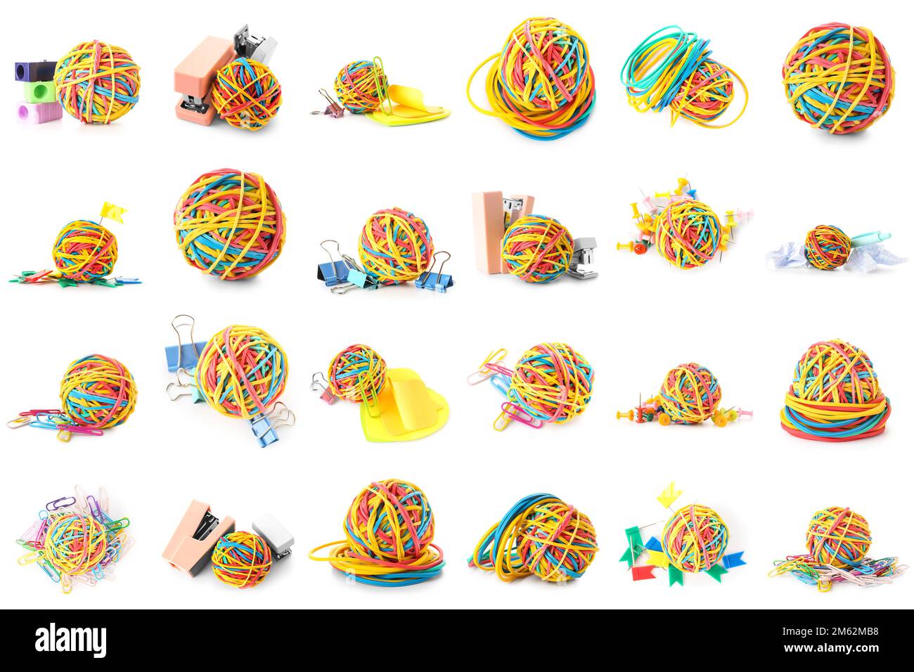 Collage of colorful rubber band balls with stationery on white ...