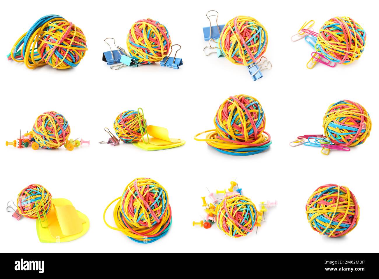 Set of colorful rubber band balls with stationery on white background ...