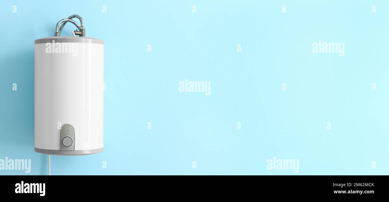 Modern electric boiler on light blue background with space for text ...
