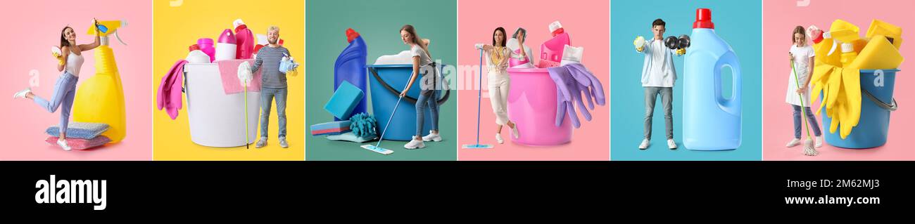 Collage with young people and big sets of cleaning supplies on colorful ...