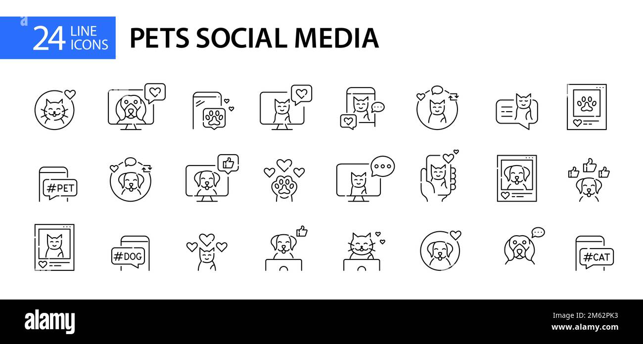 24 pets social media presence icons. Pixel perfect, editable stroke ...