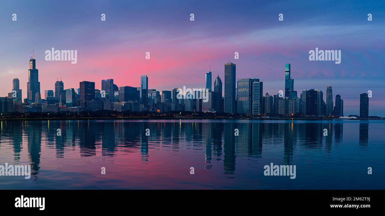Chicago, IL, USA - January 1, 2023: Panoramic view of the famous ...