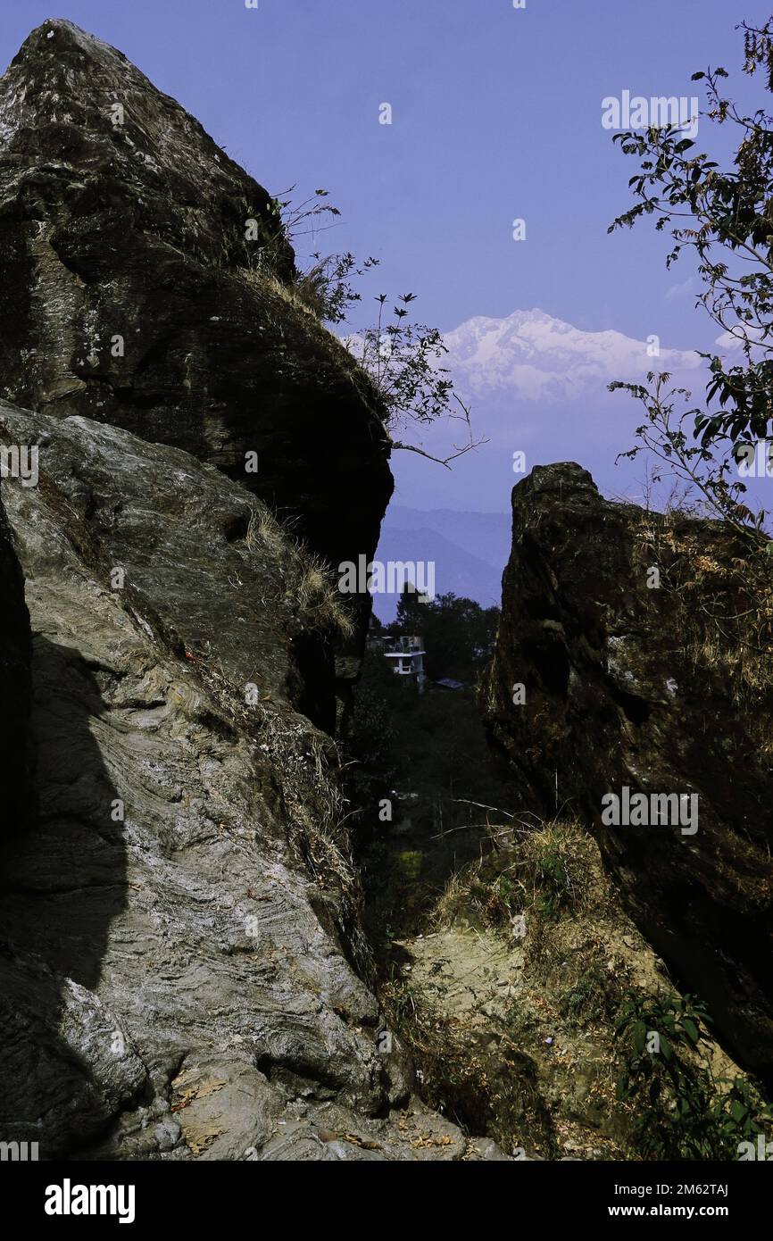 tenzing rock and snowcapped mount kangchenjunga, darjeeling in west ...