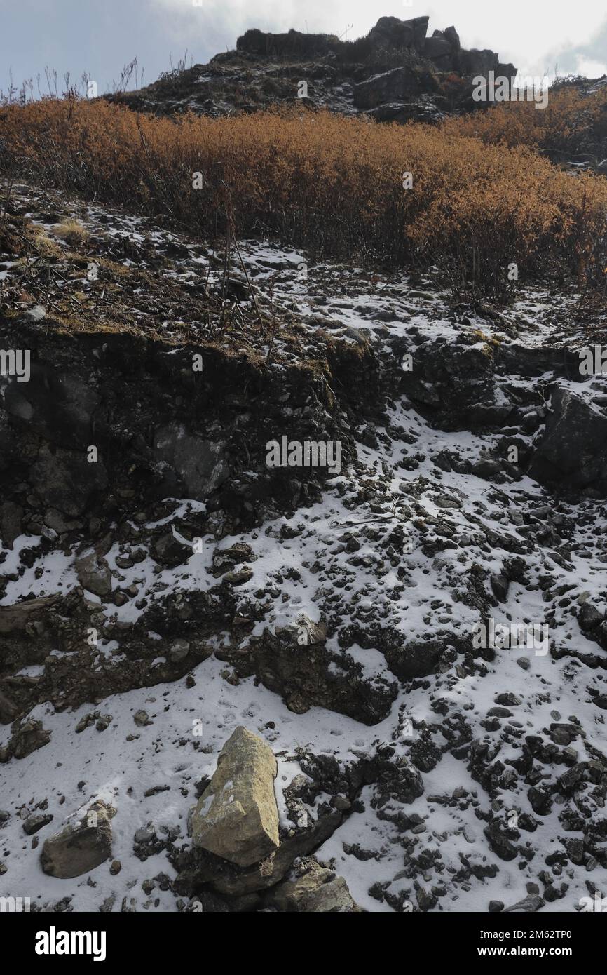 falling rock zone and alpine mountain landscape near doklam plateau in ...